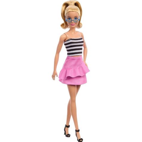 Muñeca Barbie Fashionista 213 con top a rayas y falda rosa HRH11