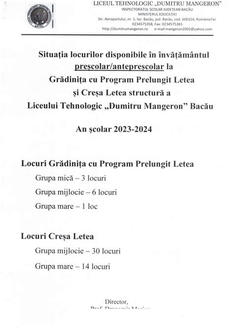 ÎNSCRIERE CRESA SI GRADINITA 2023 2024 Liceul Tehnologic Dumitru Mangeron