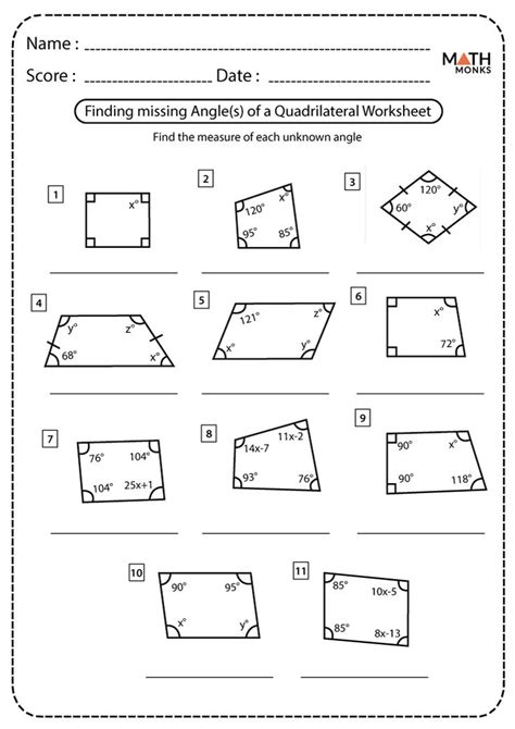 Angles In Quadrilaterals Worksheets Math Monks Pertaining To Find The