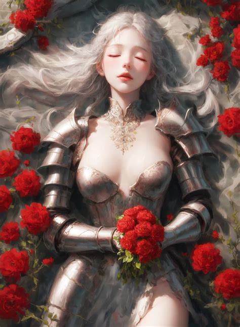 デジタル アート アートワーク 図 女性 横たわっている ブロンド 睡眠 バラ 花 鎧 目を閉じた HDデスクトップの