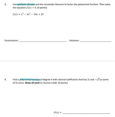 solved 3 use synthetic division and the remainder theorem
