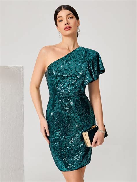 SHEIN Belle Vestido Apertado Um Ombro Manga De Borboleta Lantejoula