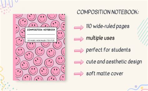 Pink Composition Notebook Wide Ruled Aesthetic Preppy Notebook Cute