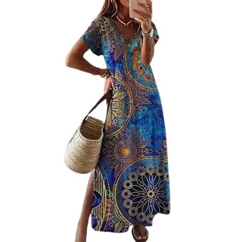 Boho Vrouwen Jurk Vintage Etnische Stijl Jurken Zomer Korte Mouw