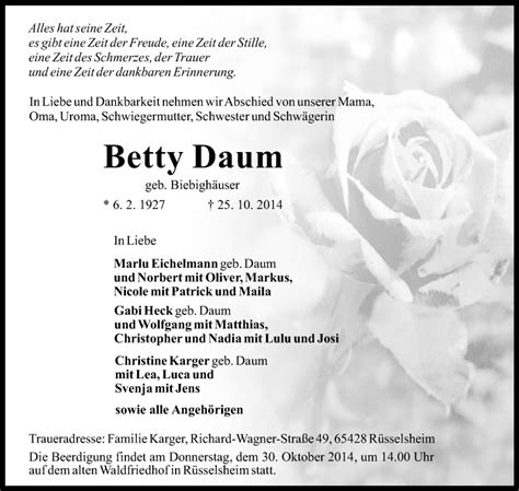 Traueranzeigen Von Betty Daum Vrm Trauer De