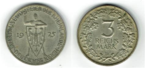 Weimarer Republik 3 Mark Silber Gedenkmünze 1925 D Jahrtausendfeier