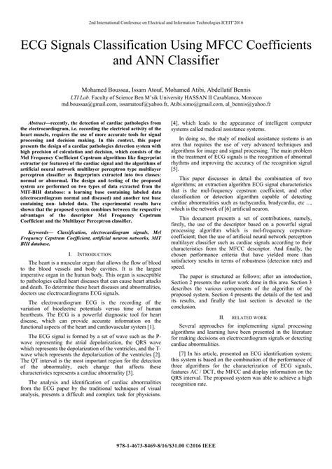 pdf ecg signals classification using mfcc coefficients and ann classifier