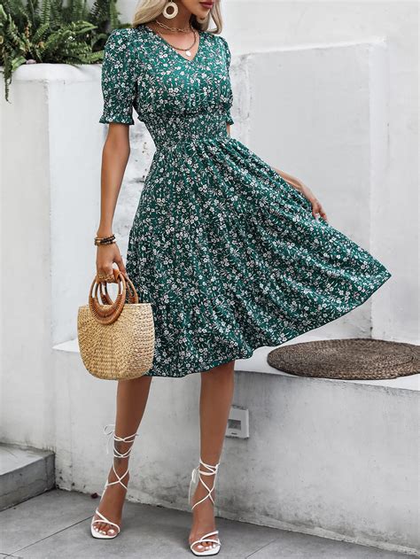 SHEIN VCAY Vestido impressão floral dits manga bufante bainha