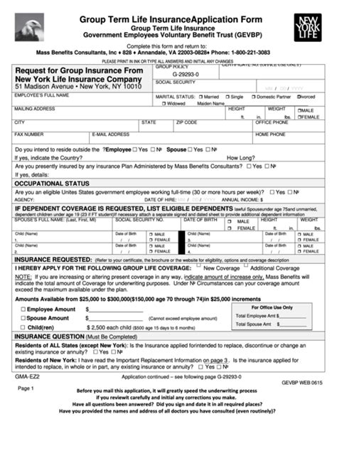 Form Gma Ez Group Term Life Insurance Application Form Printable Pdf