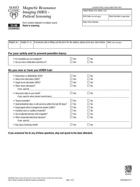 Fillable Online Patient Screening Form MRI MC2609 Patient