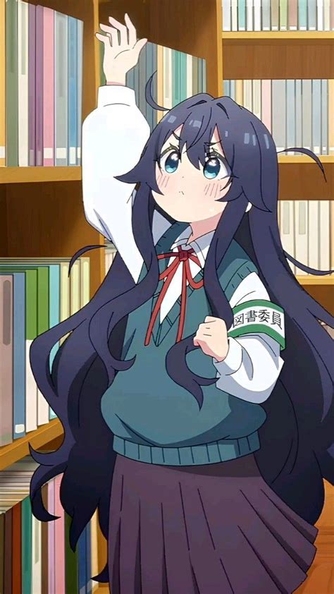 An Anime Girl With Long Black Hair In Front Of Bookshelves