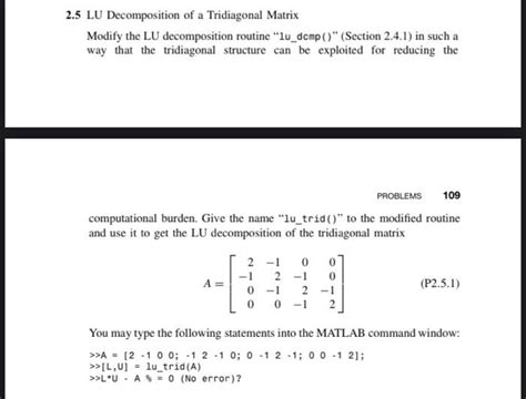 solved 2 5 lu decomposition of a tridiagonal matrix modify