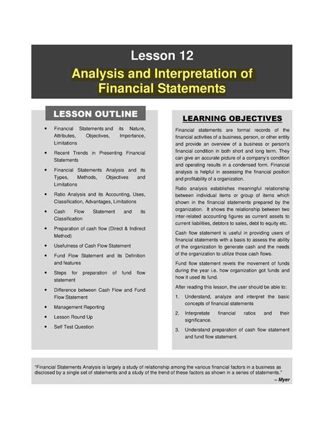 Analysis And Interpretation Of Financial Statements Lesson 12