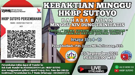 IBADAH MINGGU HKBP SUTOYO MINGGU 05 SEPTEMBER 2021 BAHASA BATAK