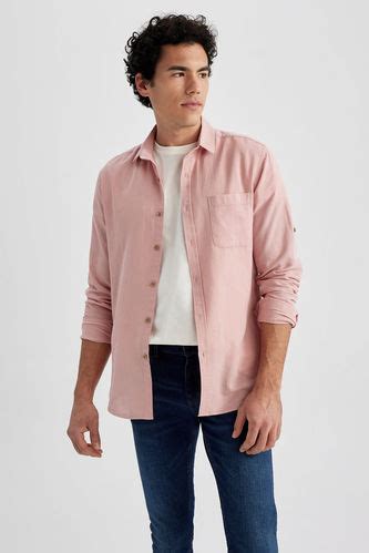 Pembe Erkek Slim Fit Basic Keten Görünümlü Uzun Kollu Gömlek 2456634