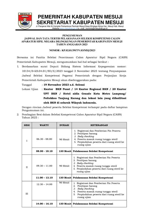 Pengumuman Jadwal Dan Tata Tertib Pelaksanaan Seleksi CASN Kab Mesuji