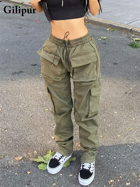 Vintage kargo pantolon Baggy kot kadın moda 90s Streetwear cepler geniş