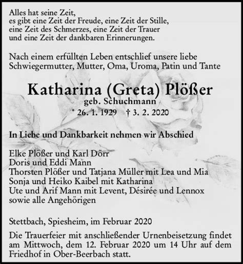 Traueranzeigen von Katharina Plößer vrm trauer de
