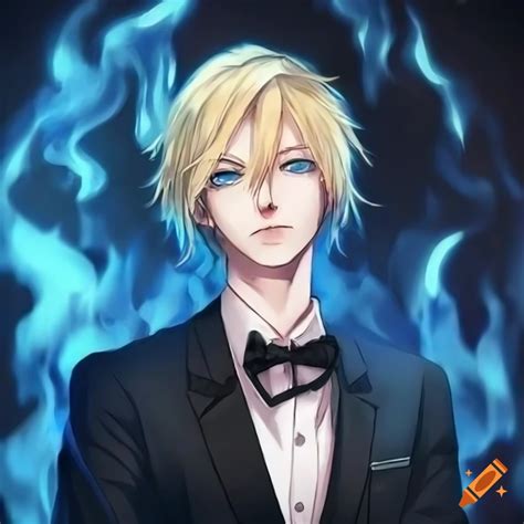 Anime Style Portrait Of A Man With Blue Fire Background On Craiyon