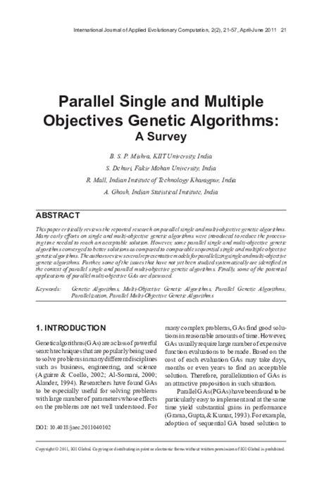pdf parallel single and multiple objectives genetic algorithms rajib mall