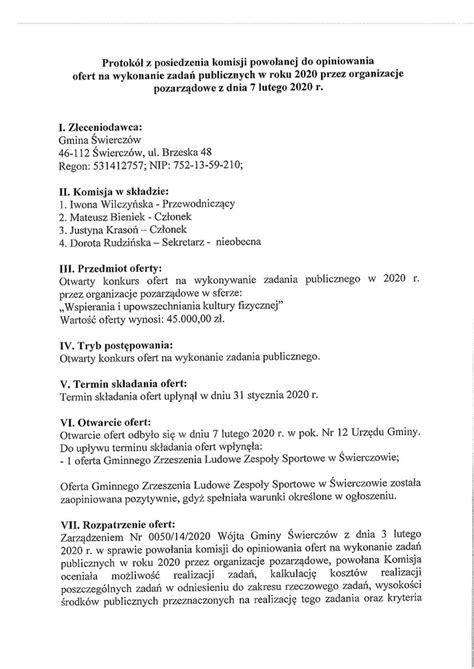 Protok Z Posiedzenia Komisji Powo Anej Do Opiniowania Ofert Na