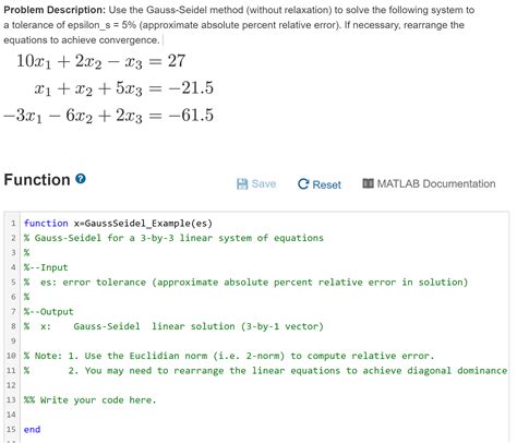 solved problem description use the gauss seidel method