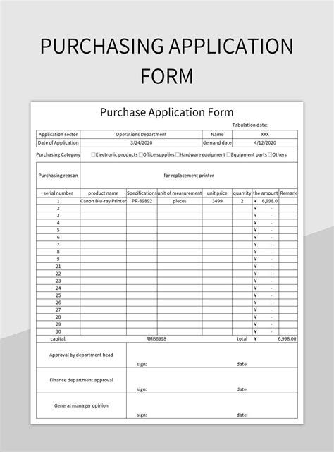Purchasing Application Form Excel Template And Google Sheets File For