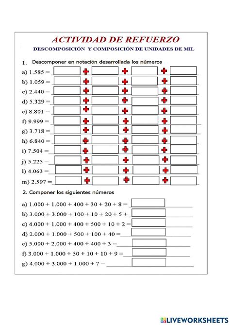 Descomposición de unidades de mil worksheet Math Homeschool Grado