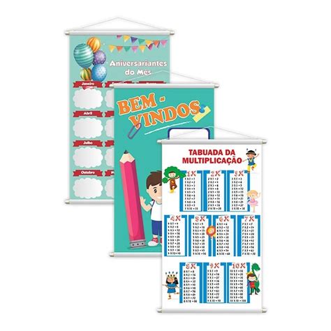 Kit 3 Banners Aniversariantes do Mês Bem vindos Tabuada da