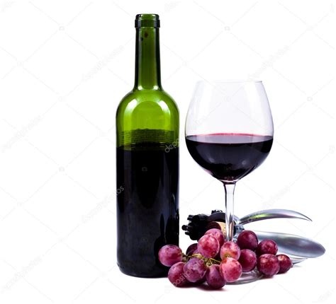 Glas Wijn Met Rode Wijn Fles Wijn En Druiven Stockfoto