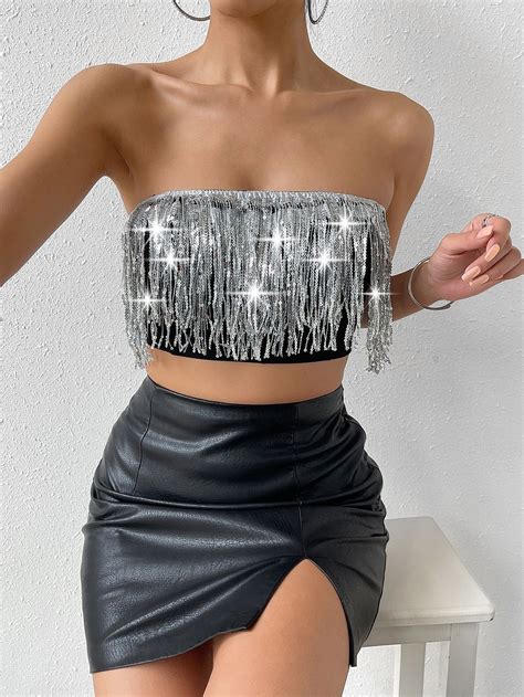 Lantejoula Contraste Franja Simples Festa Top Hot Outfits Outfits