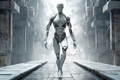 Robot Femelle Cyborg Dans Un Espace Futuriste Rendu 3d Et Illustration