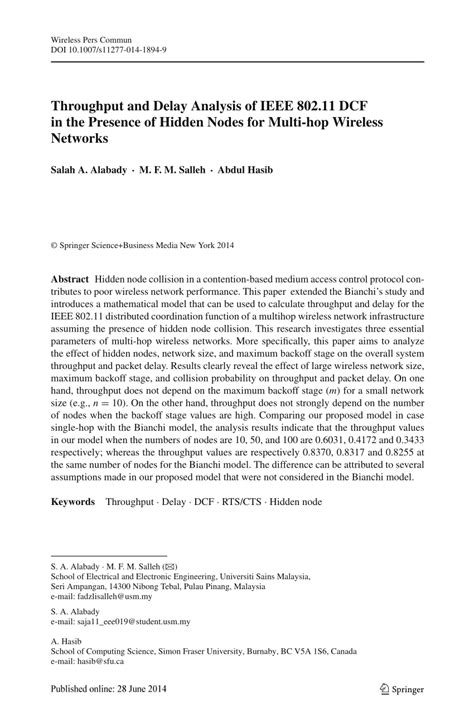 pdf throughput and delay analysis of ieee 802 11 dcf in the presence of hidden nodes for multi