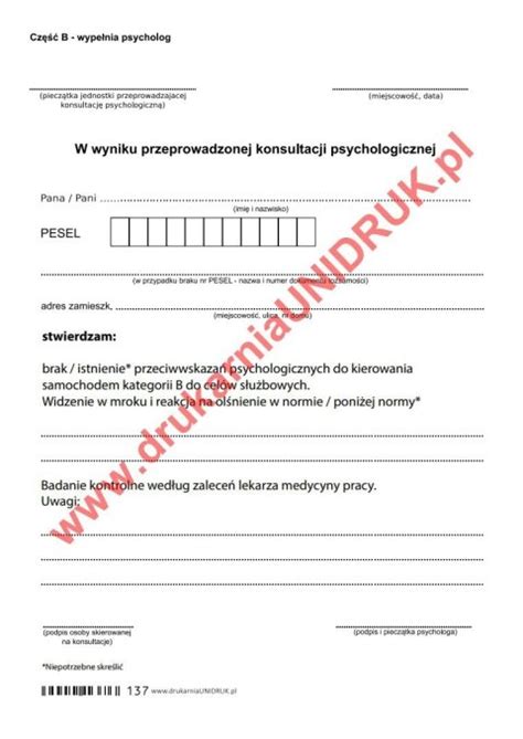 Orzeczenie Psychologiczne Dla Kierowc W Kat B S U Bowo Druk
