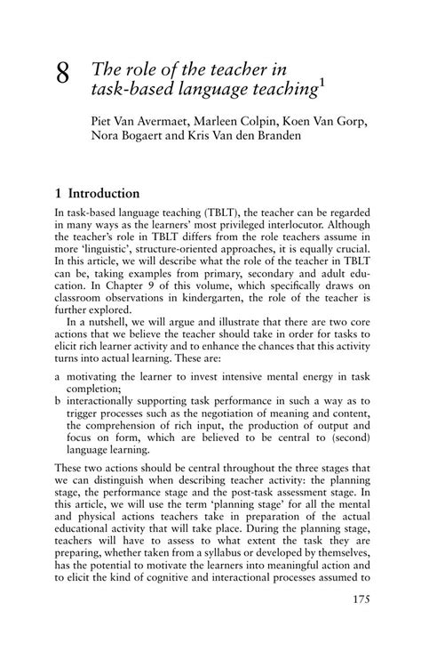the role of the teacher in task based language teaching chapter 8 task based language education