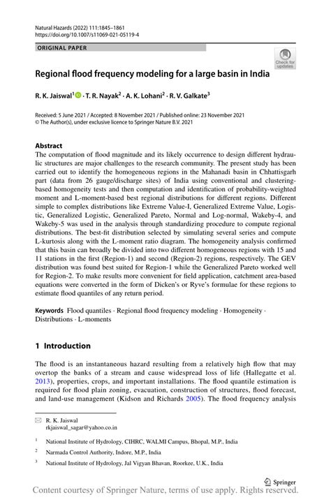 regional flood frequency modeling for a large basin in india request pdf