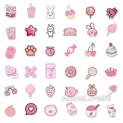 50 Pcs Cute Kawaii Pink Aesthetic Stickers Pack Waterproof Etsy