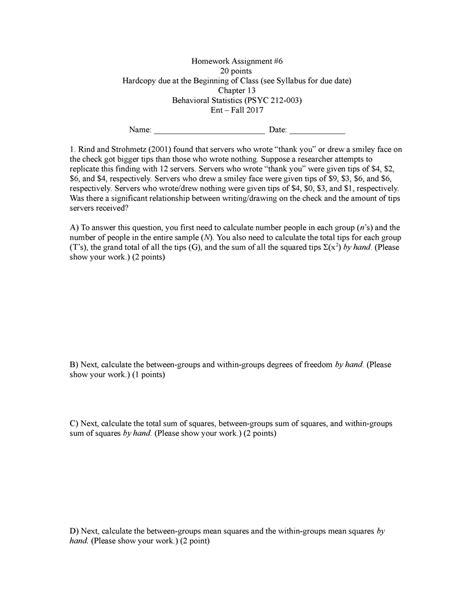homework assignment 6 behavioral statistics homework assignment 20 points hardcopy due at