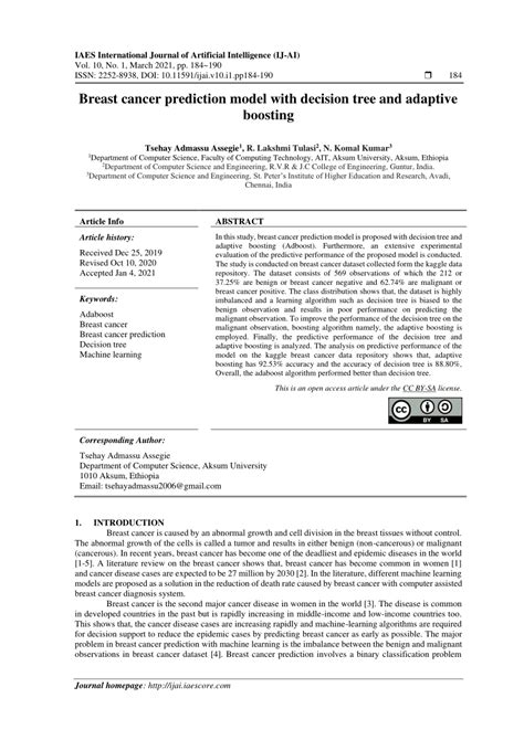 pdf breast cancer prediction model with decision tree and adaptive boosting