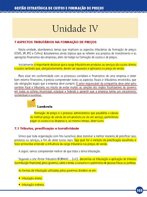 Livro Texto Unidade IV GESTÃO ESTRATÉGICA D E C USTOS E F O R M A Ç