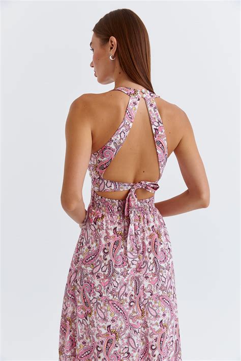 Halter Yaka Sırt Dekolteli Desenli Pembe Maxi Elbise Tuba Butik