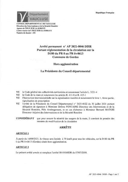Arrêté départemental Permanent Portant réglementation de la