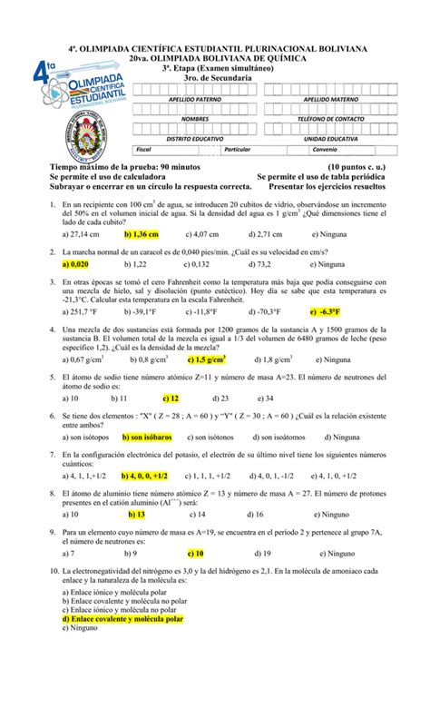 Examen de Química 3a Etapa