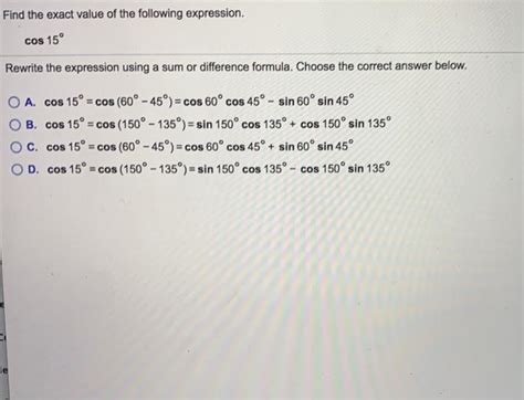 solved find the exact value of the following expression cos