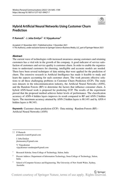 hybrid artificial neural networks using customer churn prediction request pdf