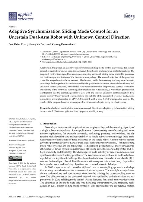 pdf adaptive synchronization sliding mode control for an uncertain dual arm robot with unknown
