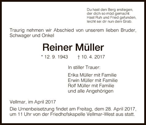Traueranzeigen Von Reiner M Ller Trauer Hna De