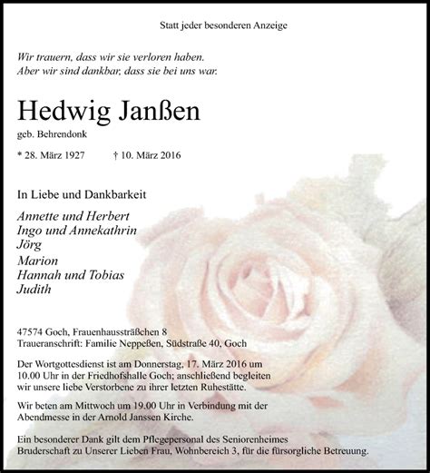 Traueranzeigen von Hedwig Janßen Trauer in NRW de