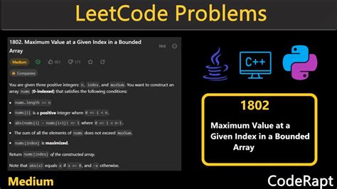 Maximum Value At Given Index In Bounded Array Leetcode Q 1802