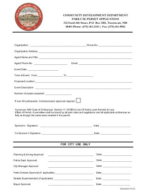 Fillable Online COMMUNITY DEVELOPMENT DEPARTMENT PARK USE PERMIT